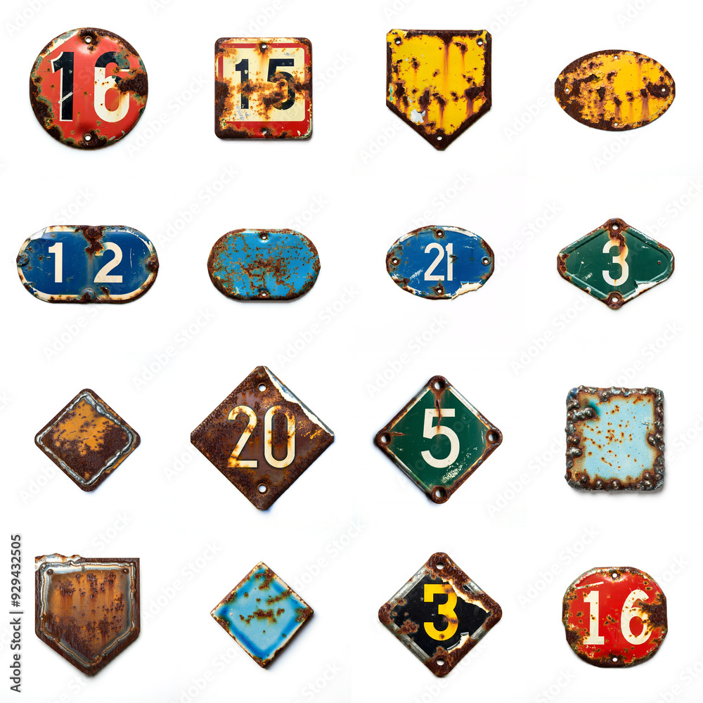 Collection set of rusty iron metal signs in various shapes and random ...
