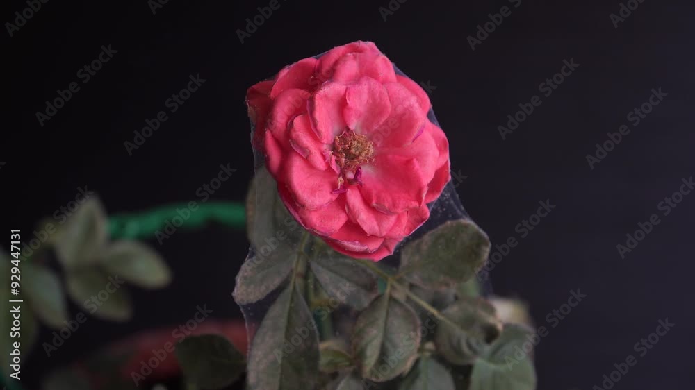 A colony of spider mites (Tetranychus urticae) on a rose flower ...
