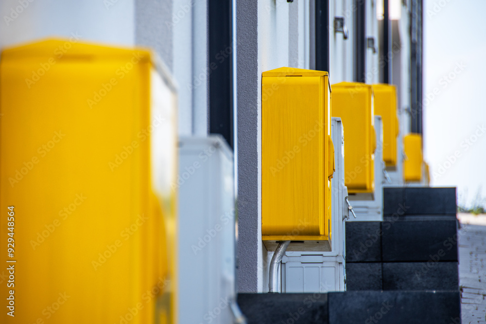 Vibrant Yellow Gas Meter Boxes Lined Along Modern Residential Building ...