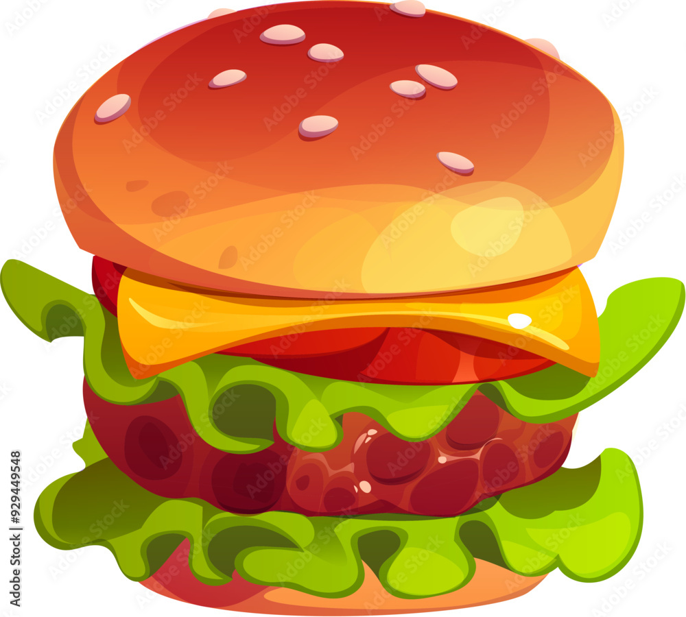 Cartoon fast food burger with sesame seed bun, crisp lettuce, melted ...