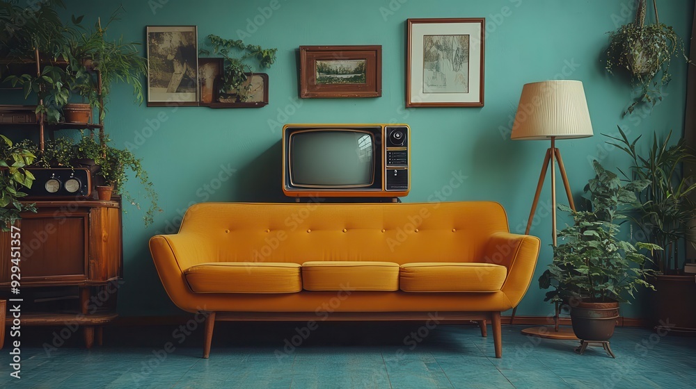 retrostyled living room featuring vintage analog tv and midcentury lamp ...