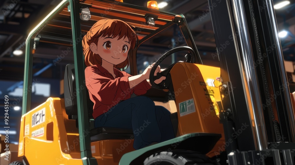 Anime character operating a forklift, moving heavy cargo with precision ...