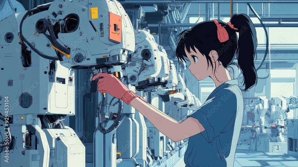 Anime technician adjusting a robotic arm in an assembly line, ensuring ...
