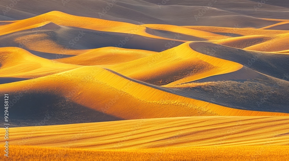 Rolling sand dunes at sunrise, with shadows creating patterns on the ...