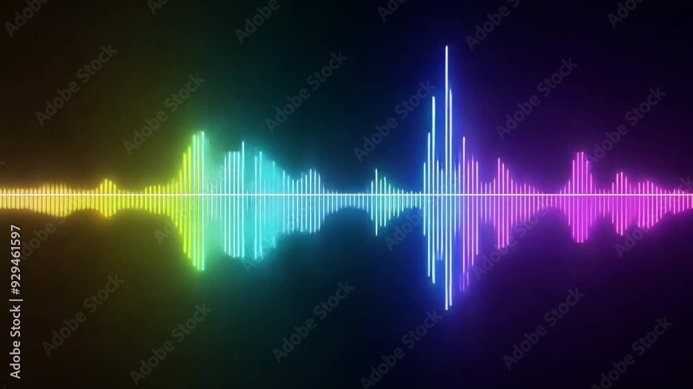 A dynamic audio waveform displays colorful peaks and troughs ...