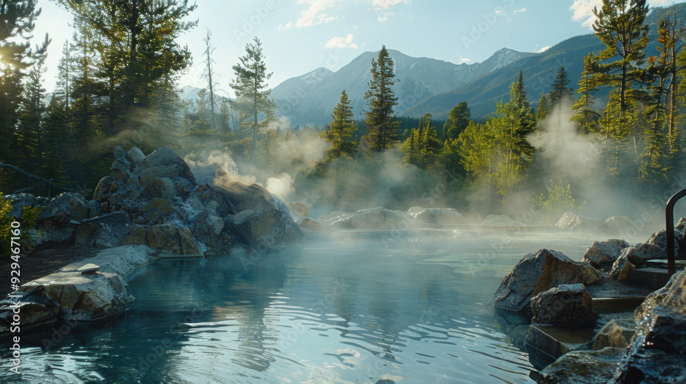 The tranquil mountain peak of the cliff edge hot spring in the twilight ...