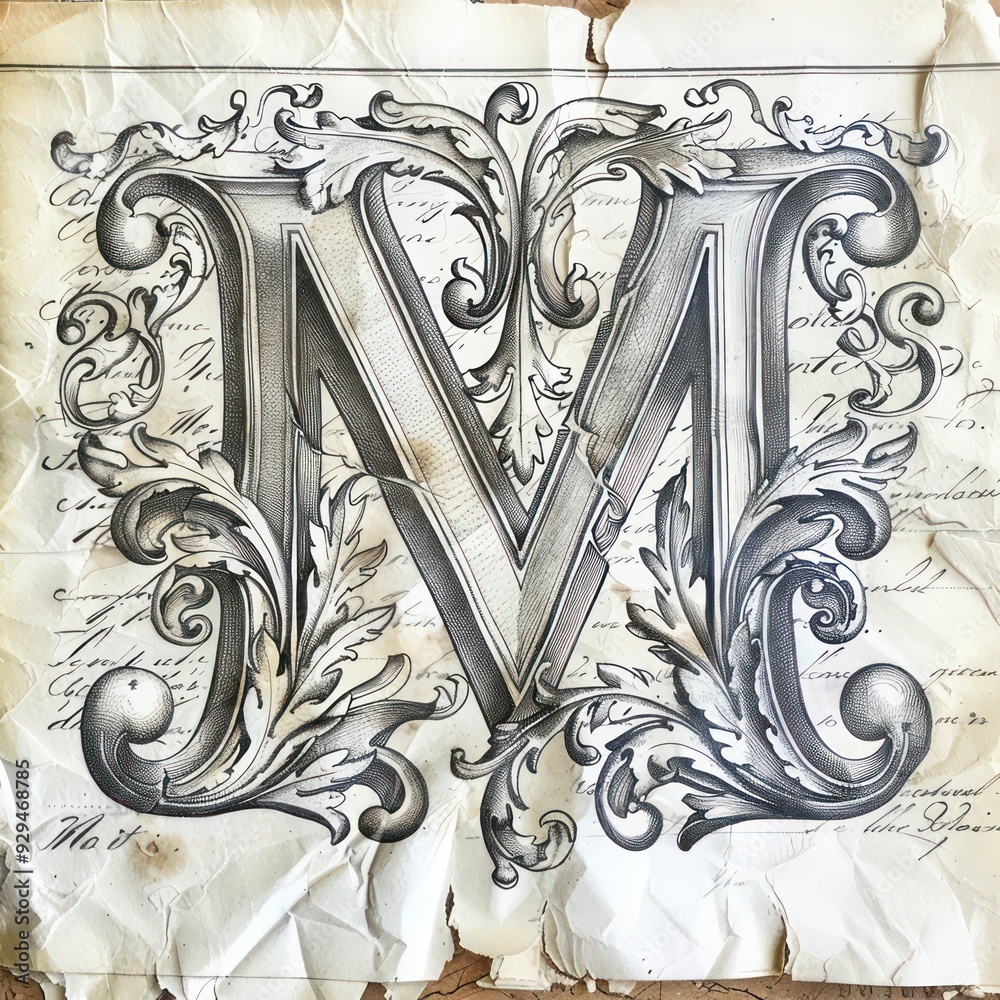 crafted letter 'M' in copperplate calligraphy, featuring ornate curves ...