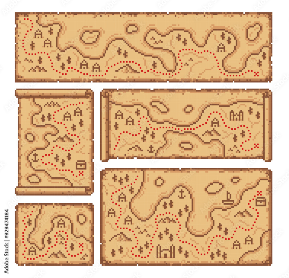 8 bit pixel pirate treasure map on ancient paper manuscript scroll ...