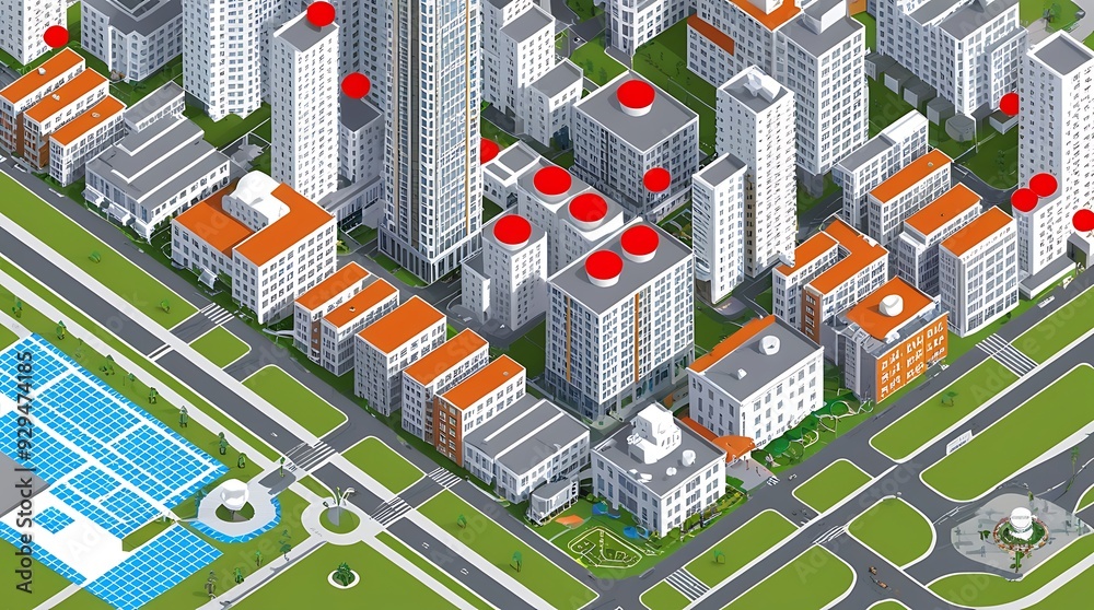 A detailed, technical blueprint showcasing urban planning and city ...