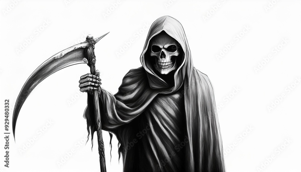 realistic drawing of death with scythe in black and white unreal ...