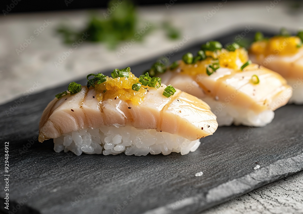 Hamachi nigiri sushi featuring yellowtail on seasoned rice, presented ...