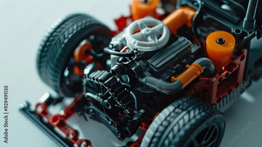 The mechanical components of a powerful toy car engine are revealed ...