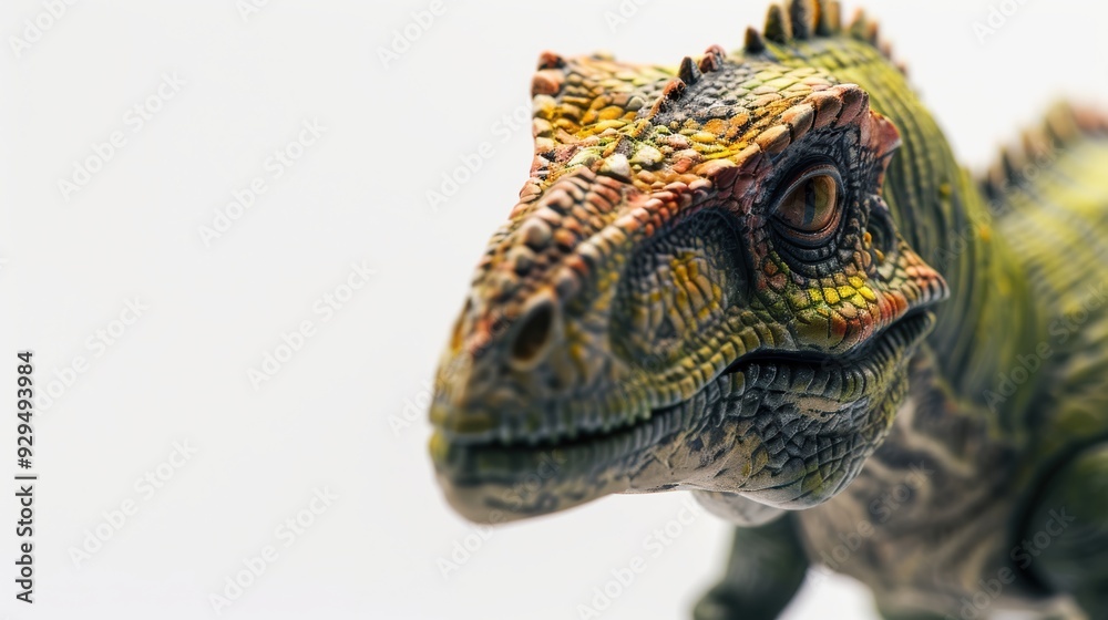 Fierce carnotaurus toy dinosaur with menacing teeth against a white ...