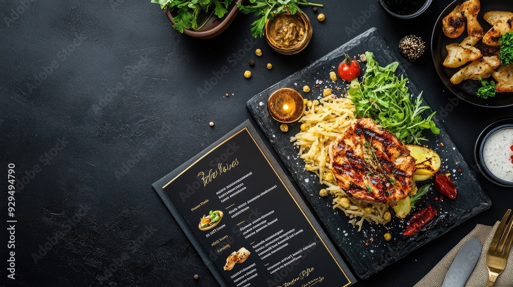 A food menu with a luxurious theme, showcasing fine dining dishes with ...