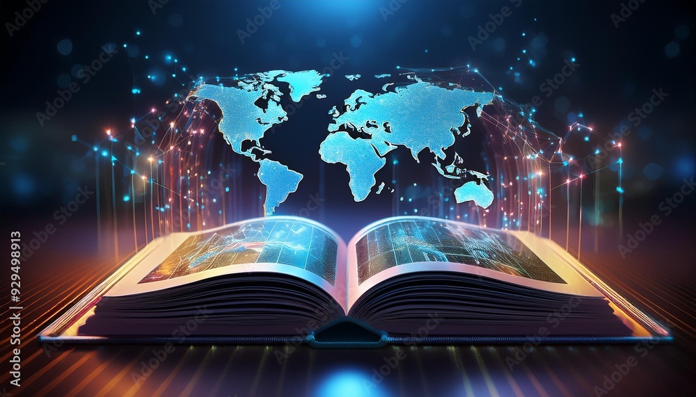 AI-powered education, holographic open book and interactive global map ...