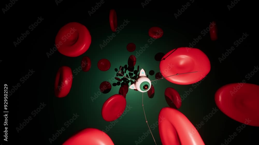 Perfect 3d render animation of nano robot with blood cells. Shows how mechanical bot searching ...