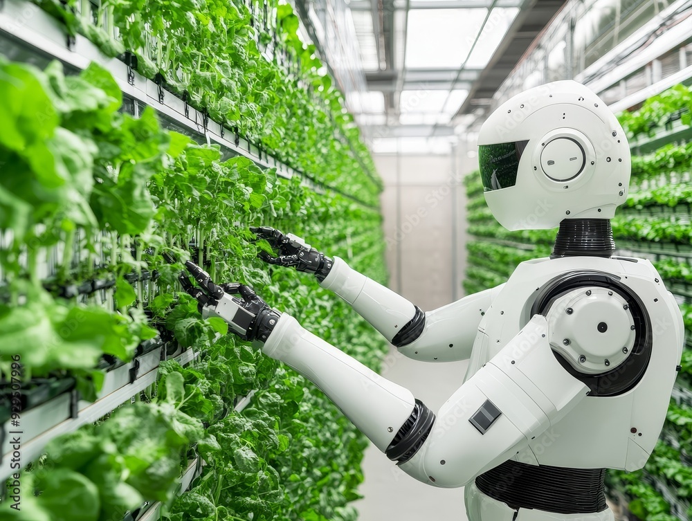 A futuristic white robot tends to a vertical hydroponic farm ...