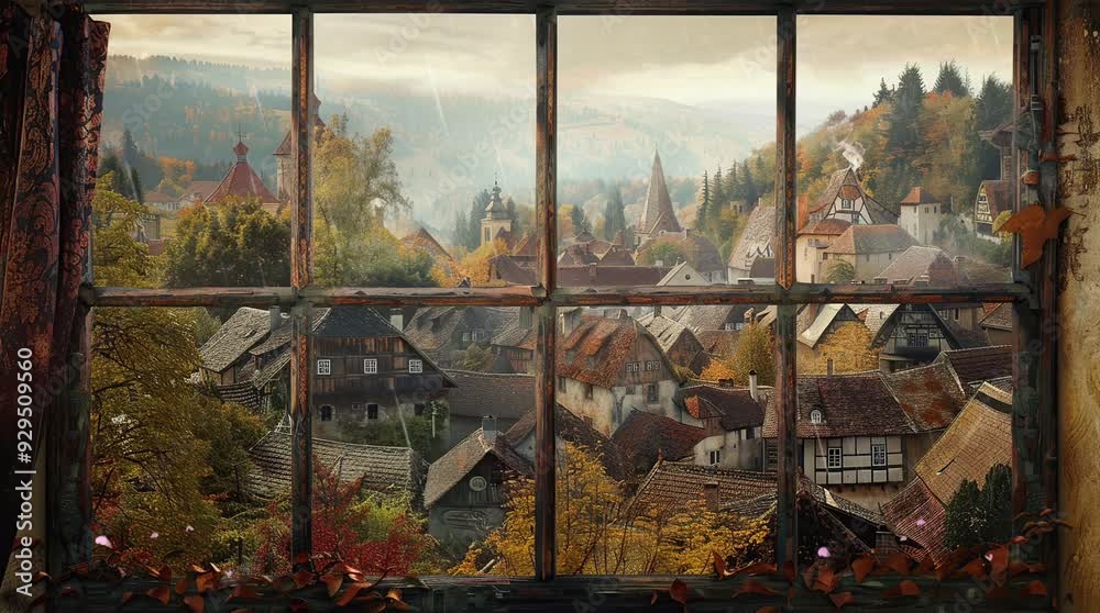 A charming view from a window overlooking a picturesque village with ...
