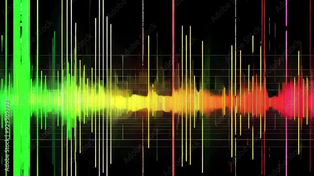 A vibrant audio waveform displays a spectrum of colors, showing varying ...