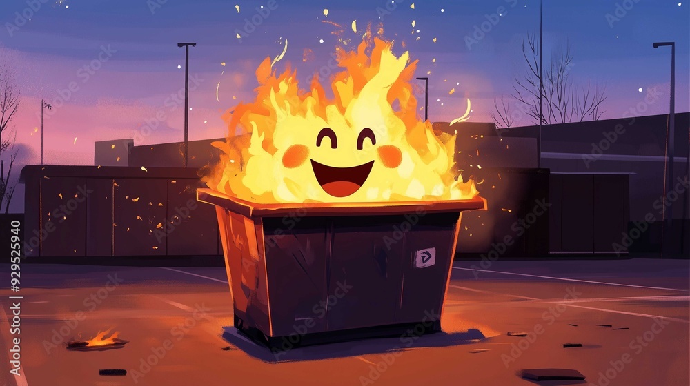 Cartoon Dumpster Fire with Smiling Face in Parking Lot Stock ...