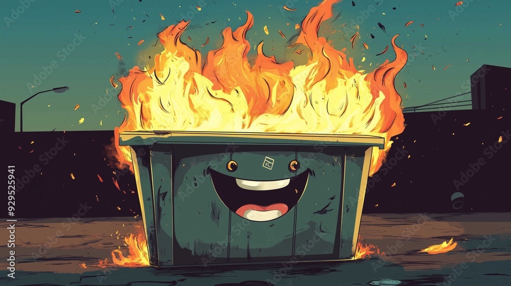Cartoon Dumpster Fire with Smiling Face in Parking Lot Stock Illustration | Adobe Stock