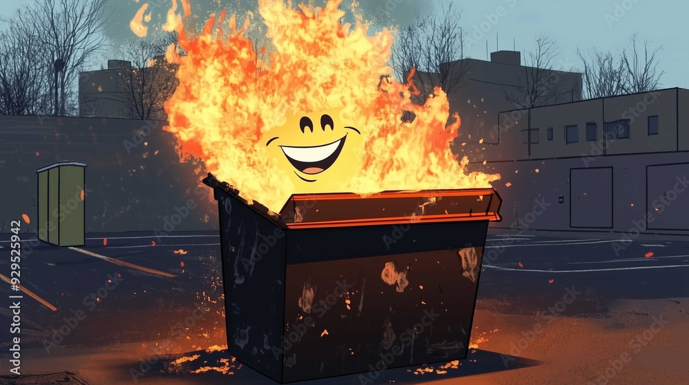 Cartoon Dumpster Fire with Smiling Face in Parking Lot Stock ...