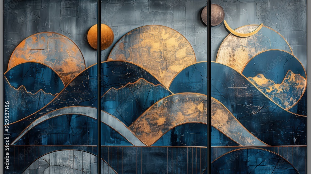 Generate a high-resolution abstract wall art triptych with geometric shapes in blue and gold ...