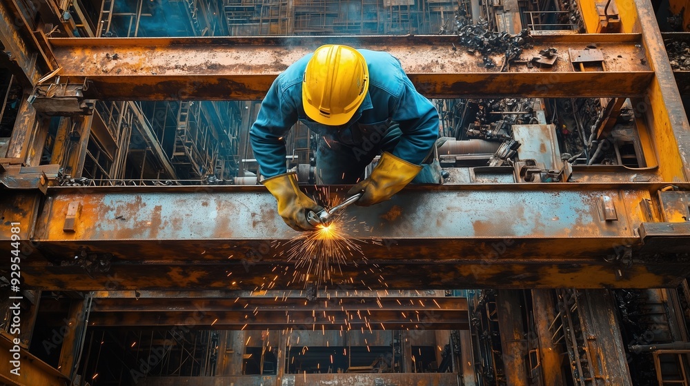 Skilled welder is seen working on a structural steel framework at a ...