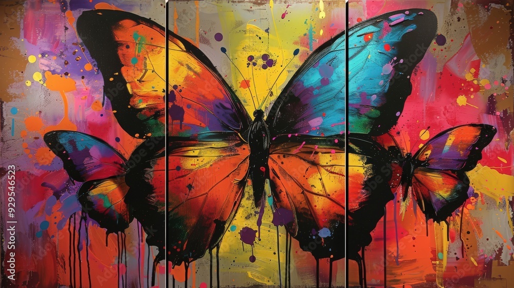 Create a set of three abstract wall art panels featuring butterflies ...