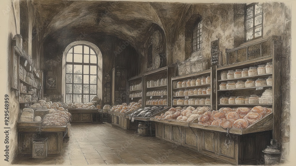 Vintage European Apothecary Shop Interior with Wooden Shelves, Glass ...