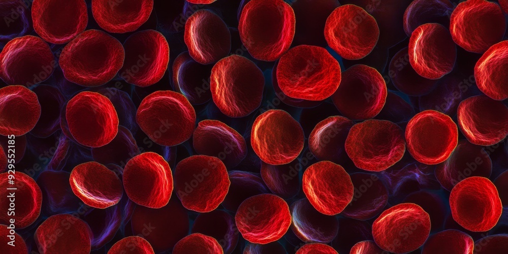 Blood cells under a microscope, captured in vivid red, showcasing ...