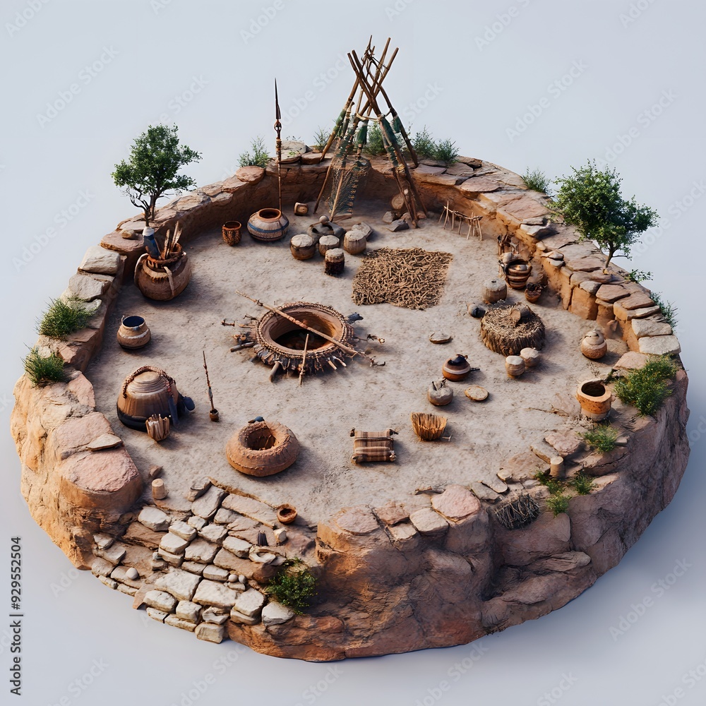 56. A 3D visualization of a traditional Hopi kiva with ritual objects ...