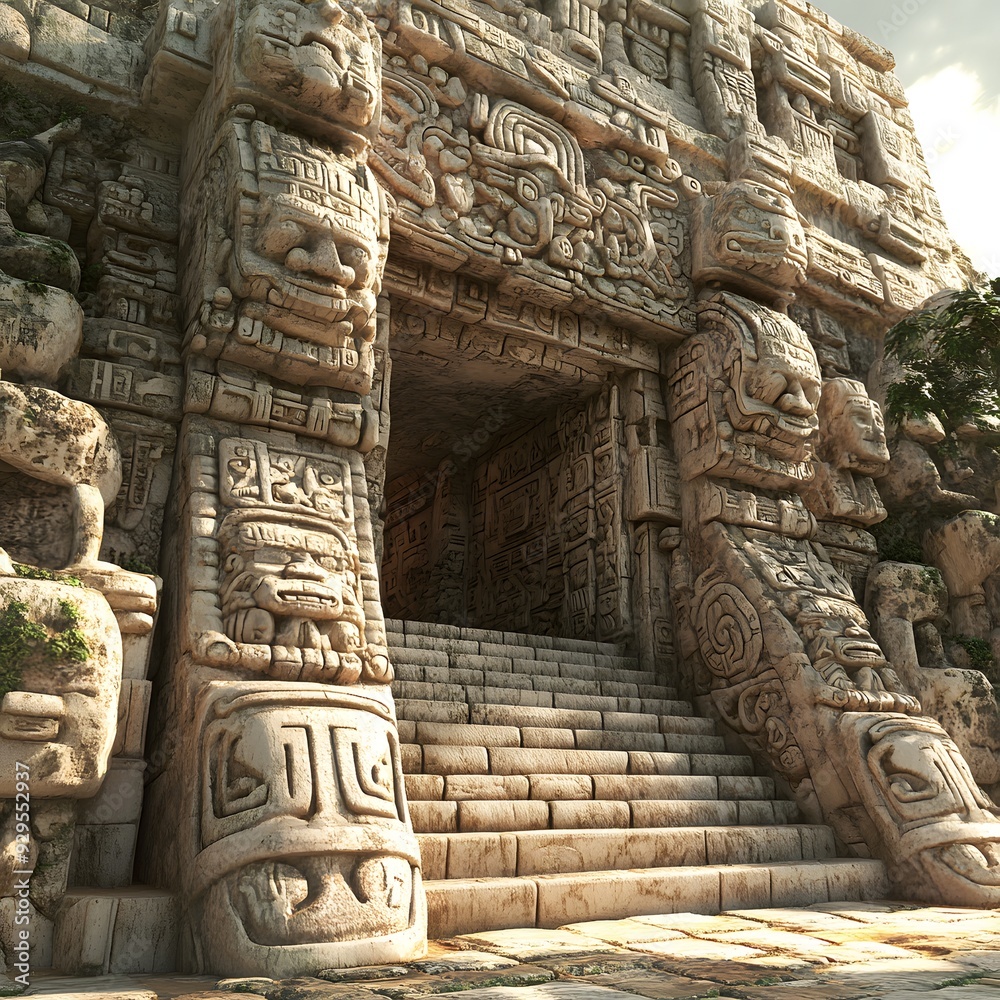 57. A 3D depiction of a Mayan temple with detailed carvings and ancient ...