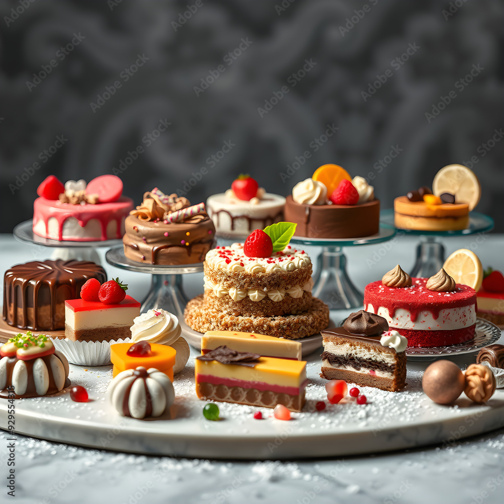 Create a variety of delicious desserts and cakes on the table. Cinema ...