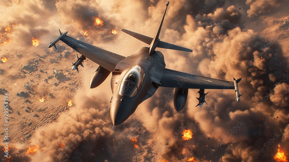 High-speed military fighter jet in flight over a battlefield surrounded ...