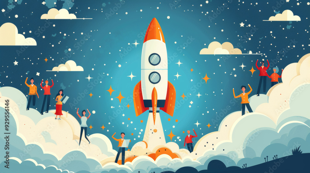 Playful vector graphic of a rocket ship labeled Startup taking off from ...