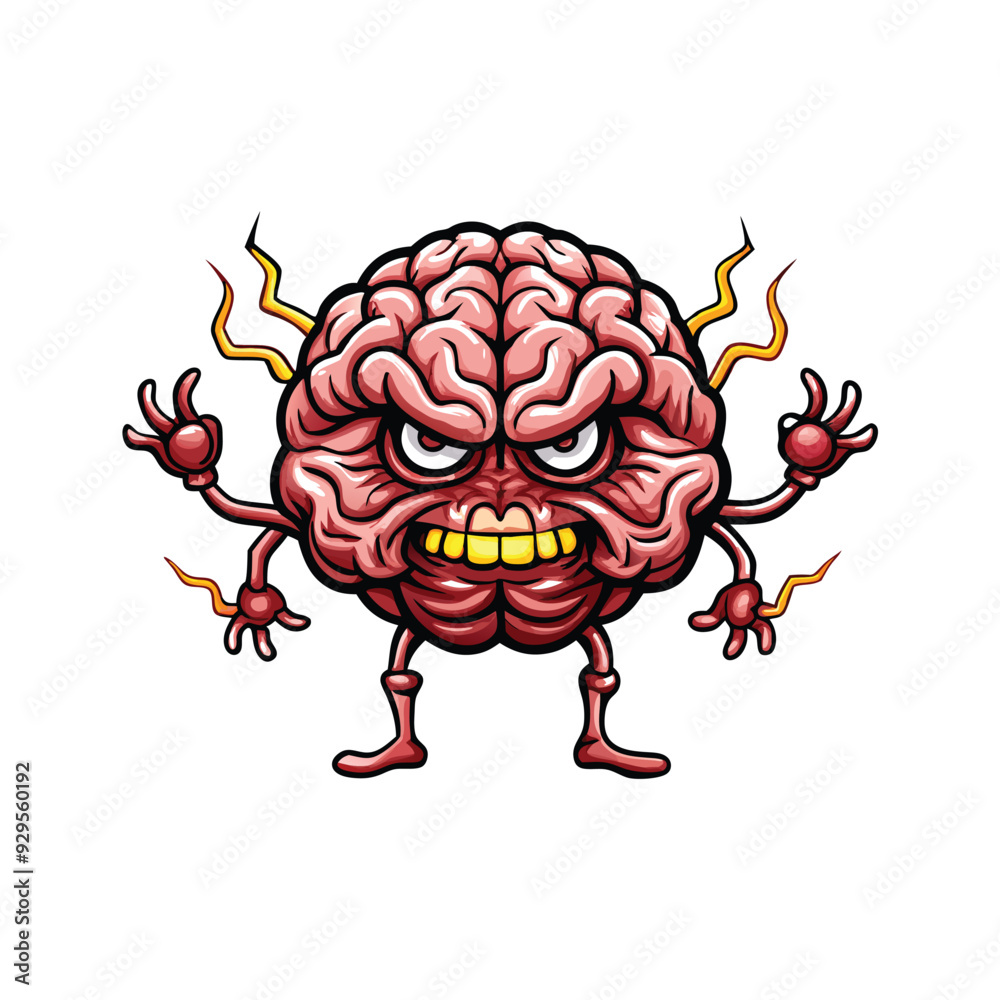 Cartoon illustration of a pink brain monster with wrinkly folds and a ...