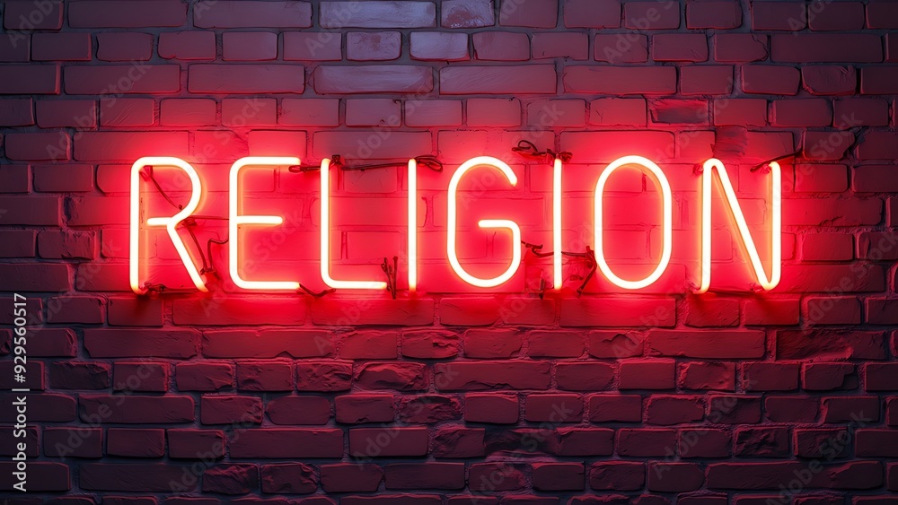 RELIGION - fluorescent Neon tube Sign on brickwork - Front view - 3D ...