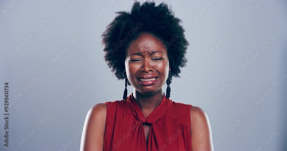Depression, crying and sad black woman in studio for death, sorrow or ...