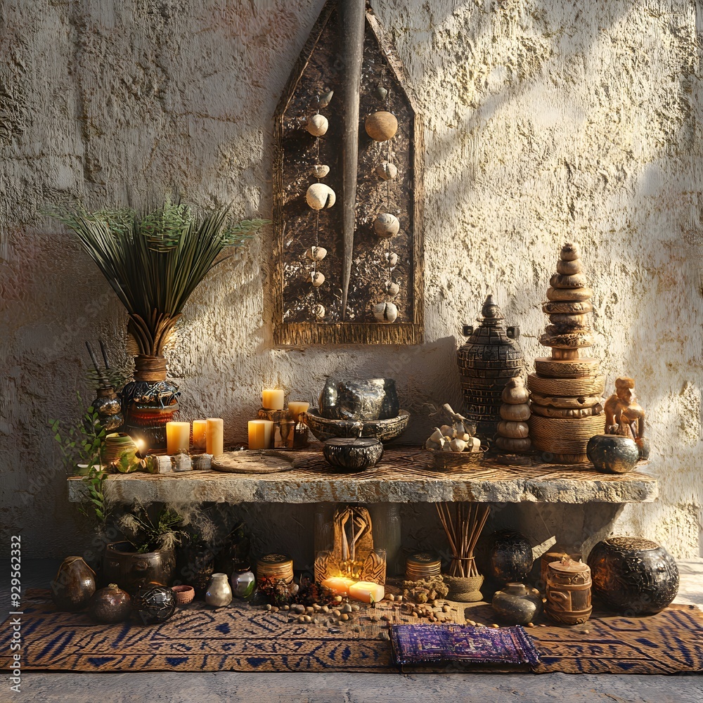 36. A 3D visualization of a Voodoo altar with ritual objects and ...