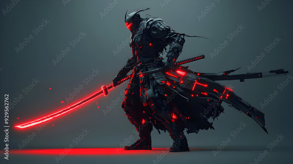 Cybernetic Samurai Warrior with Glowing Red Katana, Futuristic Japanese ...