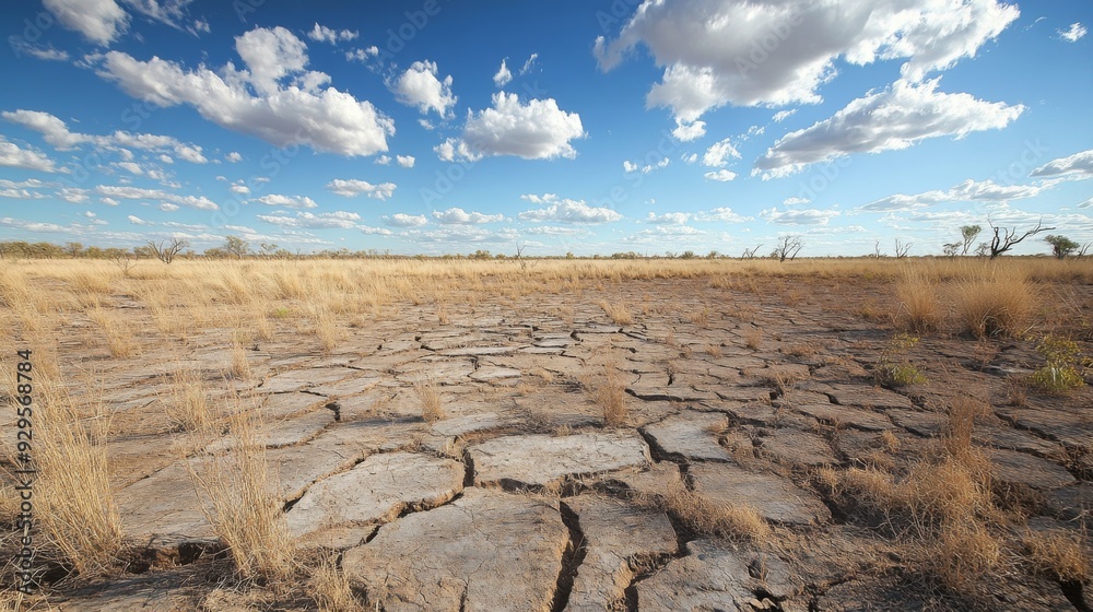 A wide-angle shot of a desolate landscape with sparse vegetation and ...