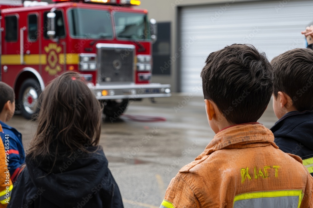 Students visiting a fire station, watching fire trucks in action, and ...