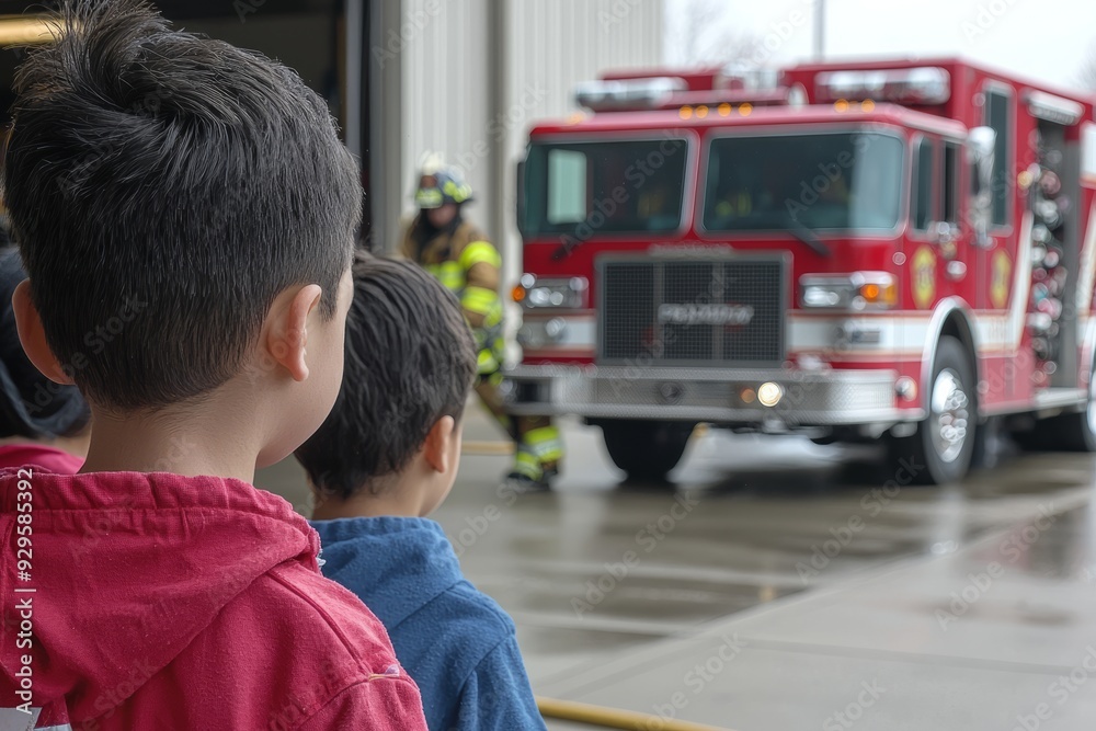 Students visiting a fire station, watching fire trucks in action, and ...