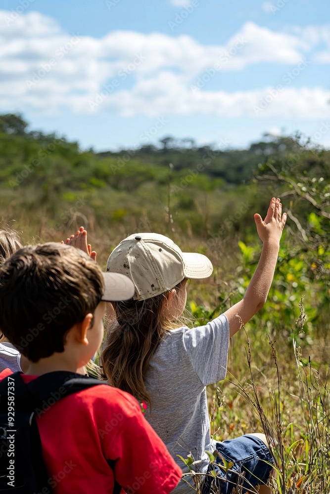 A field trip to a wildlife reserve, with students observing animals in ...