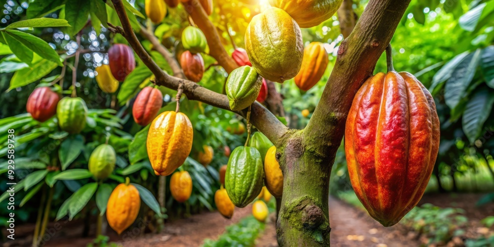 Vibrant cacao trees flourish in lush tropical forests, bearing oval ...