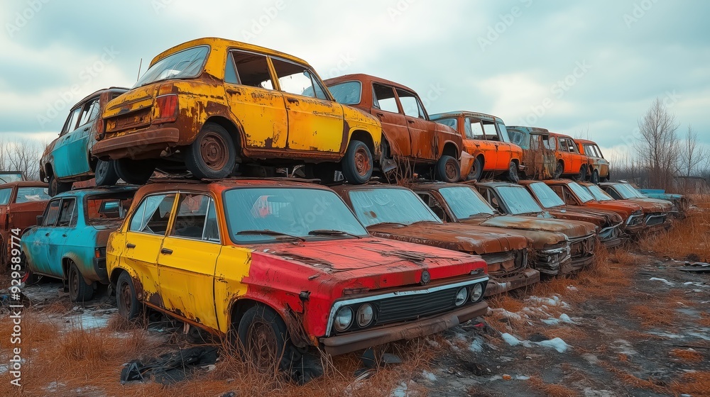 Rusty vintage cars stacked in junkyard. Rusted vintage cars stacked in ...