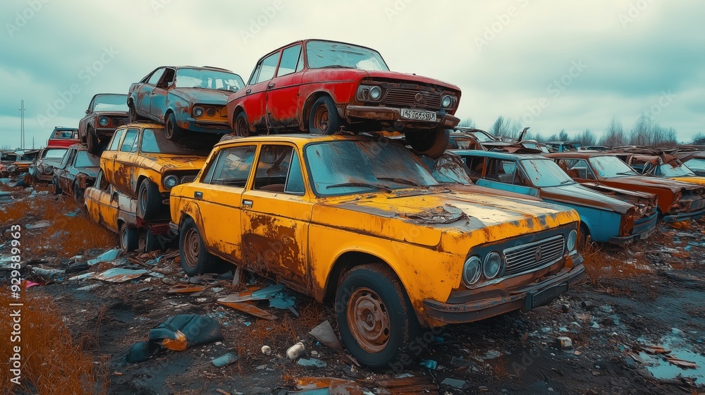 Rusted cars piled in junkyard. Rusted cars are piled up in a junkyard ...