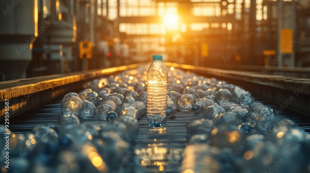 Single plastic bottle stands upright on a conveyor belt amidst a sea of ...