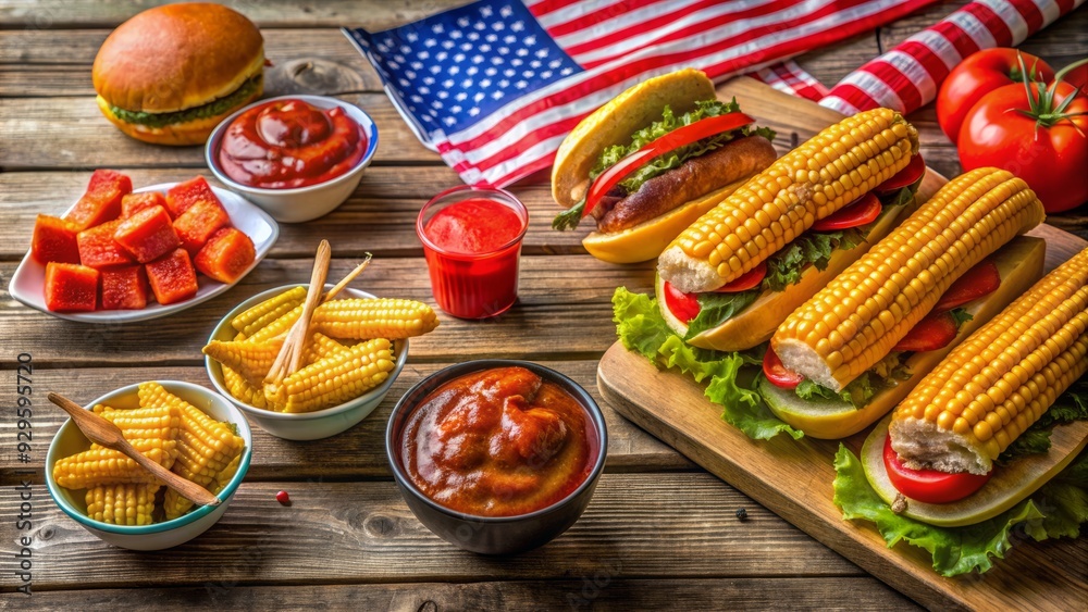 Colorful traditional American Independence Day food spread on a rustic ...